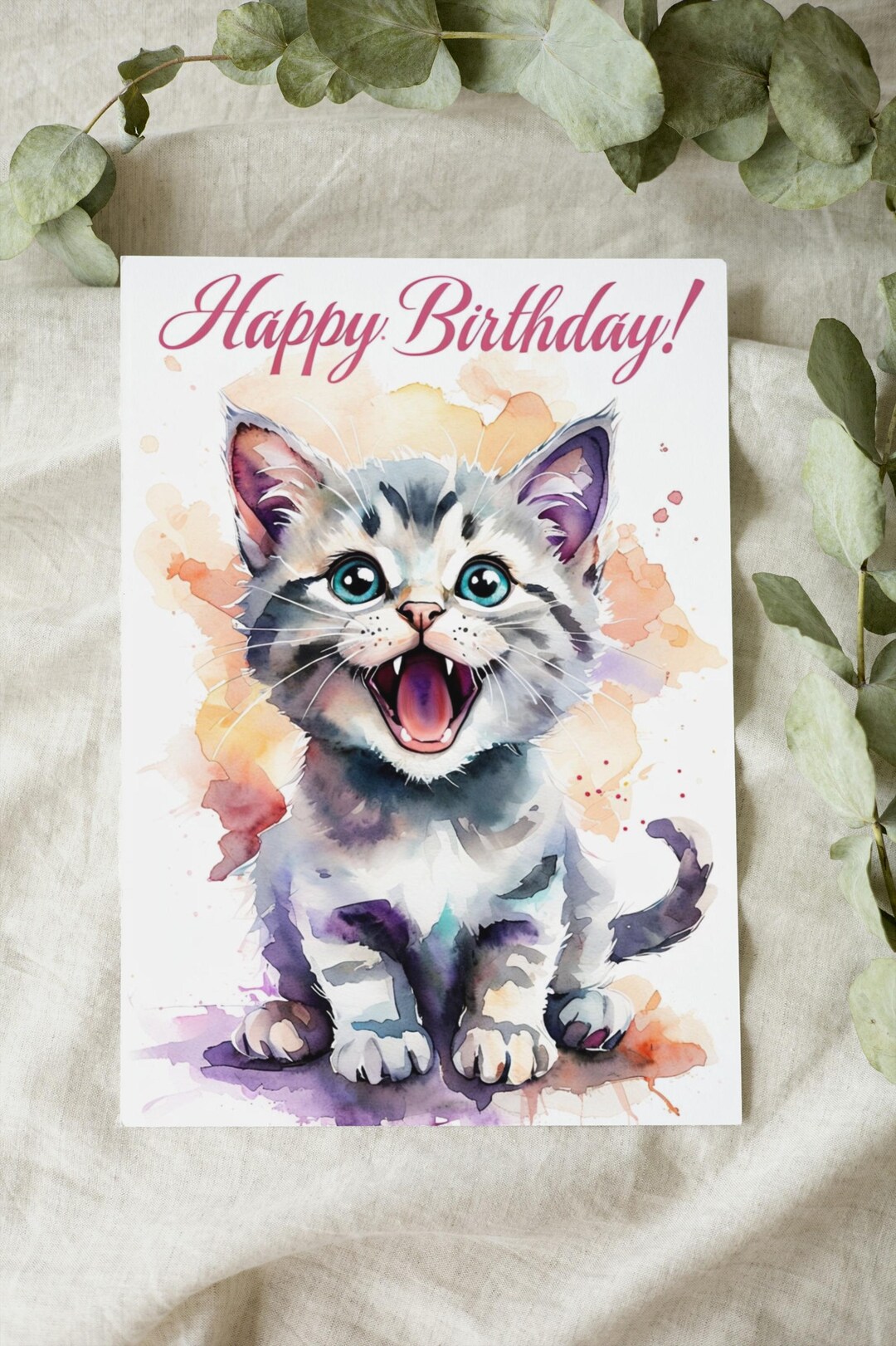 Printable Birthday Card – Watercolor Cat Design – Digital Download ...