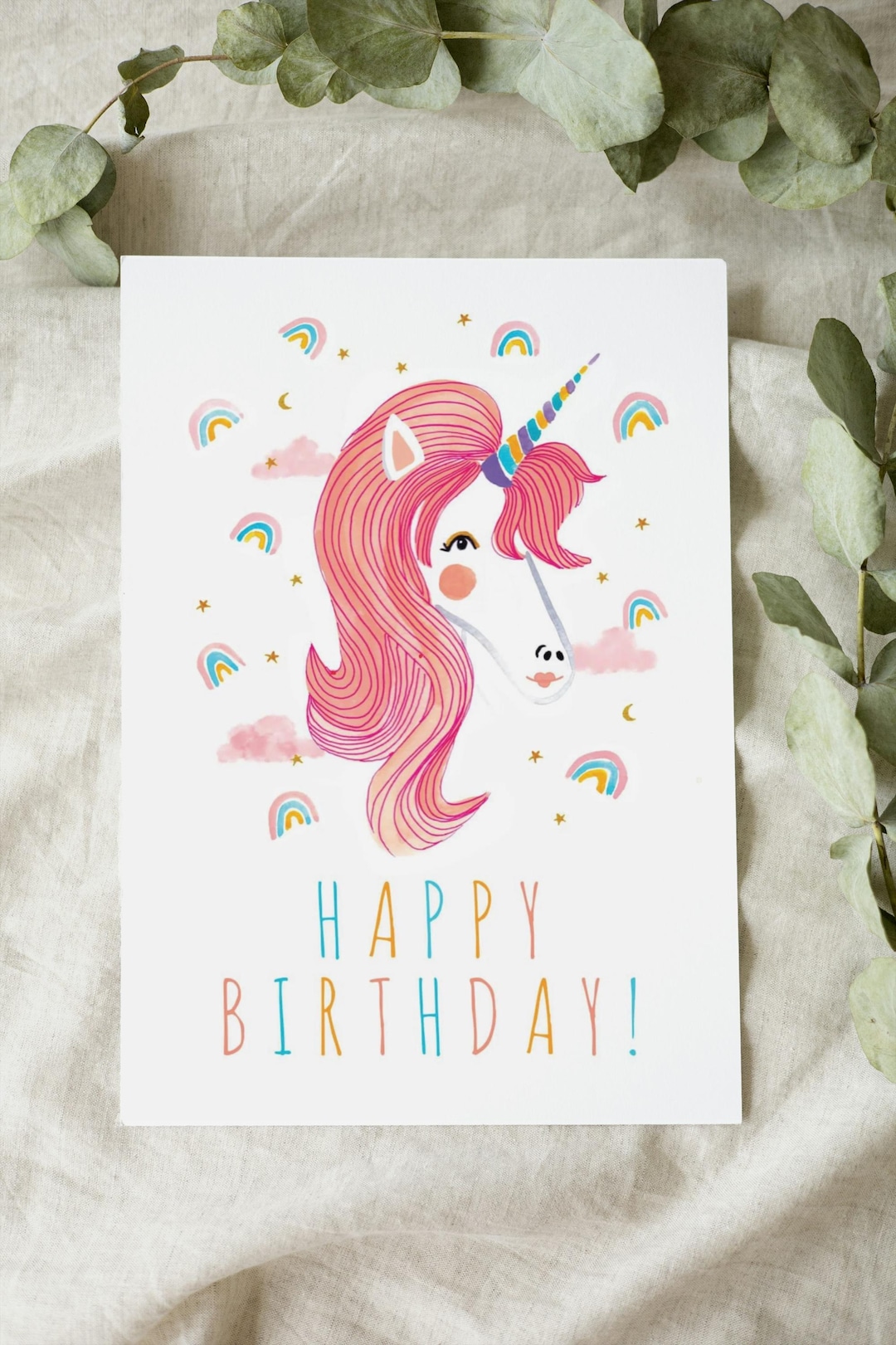 Printable Unicorn Birthday Card - “happy Birthday” With Rainbows - Cute ...