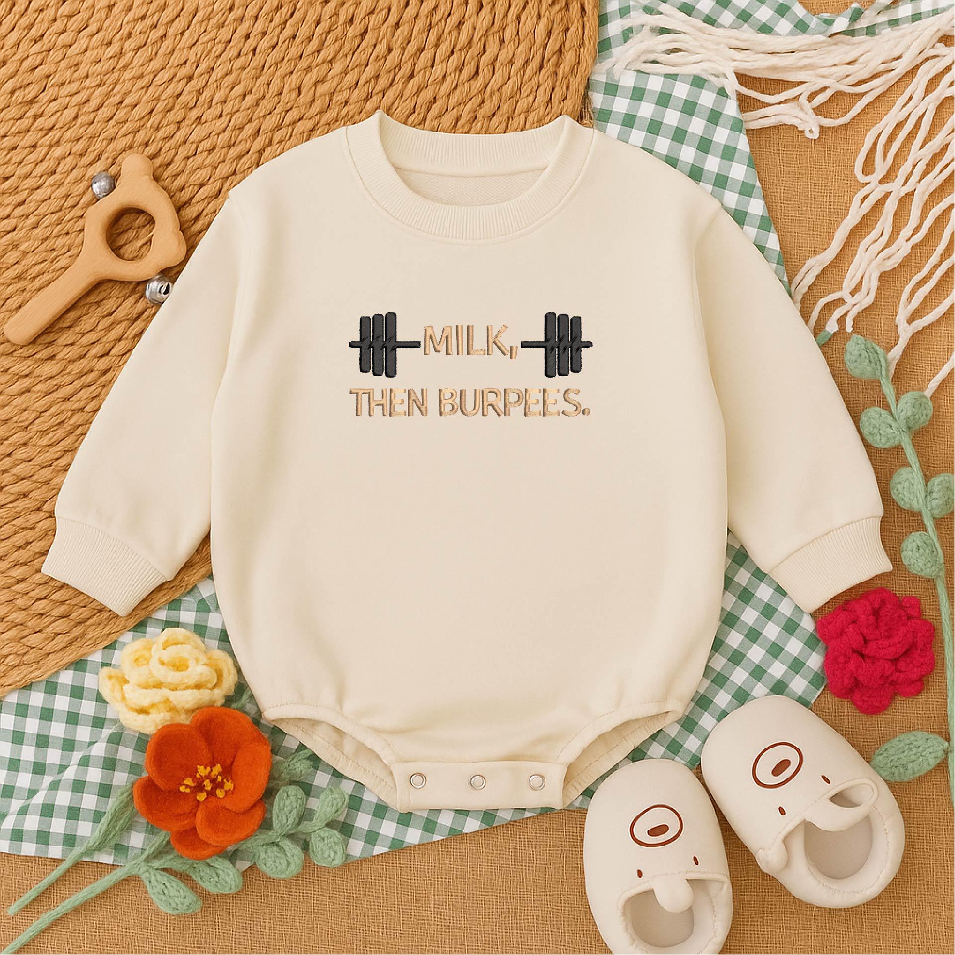Funny Baby Workout Bodysuit – Milk Then Burpees Embroidered Baby Onesie ...