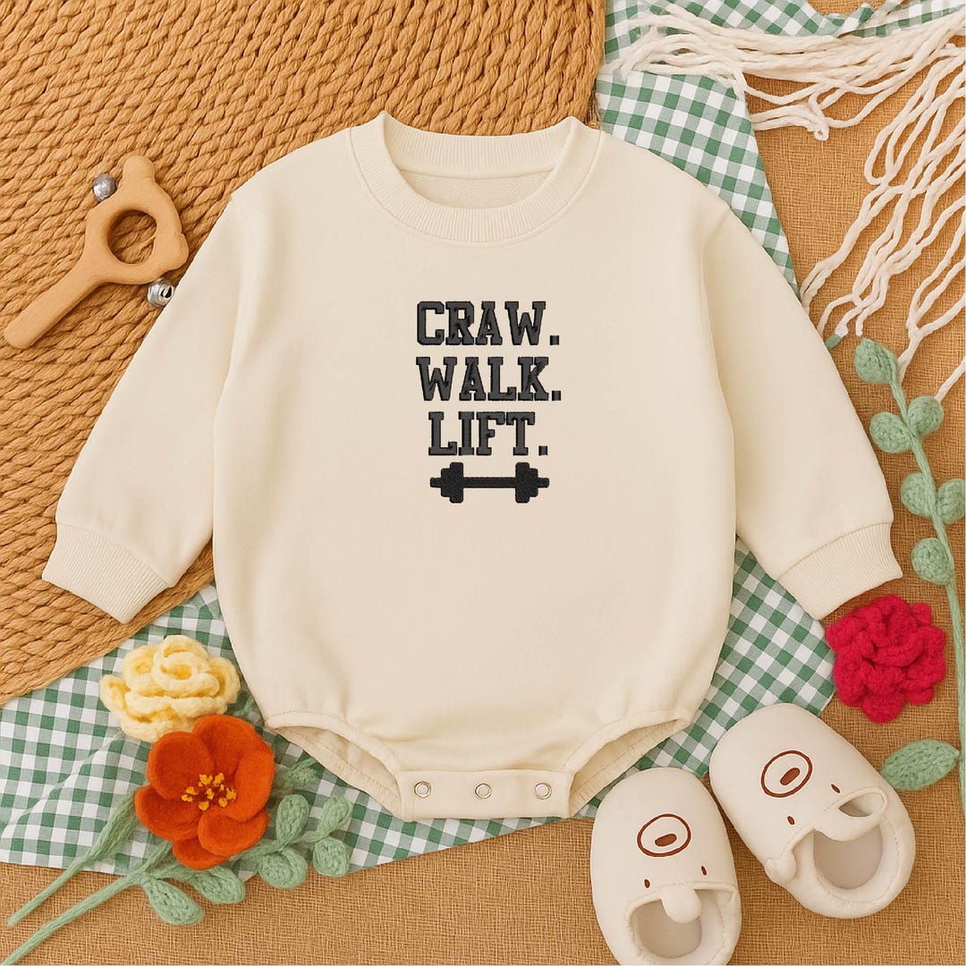 Embroidered Crawl Walk Lift Baby Bodysuit: Funny Gym Romper, Workout ...