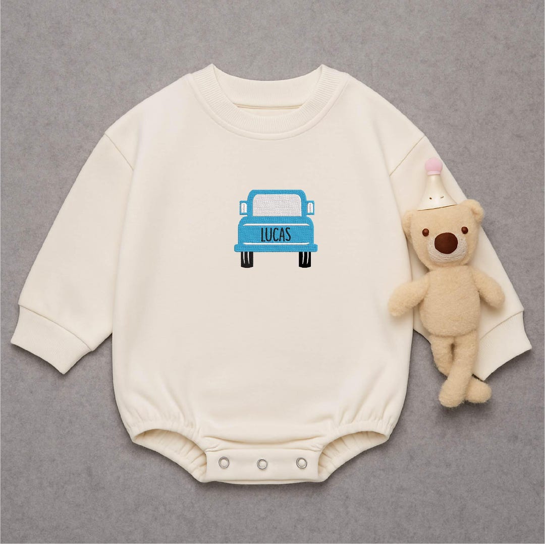 Personalized Baby Romper: Embroidered Name, Blue Truck Design - Etsy