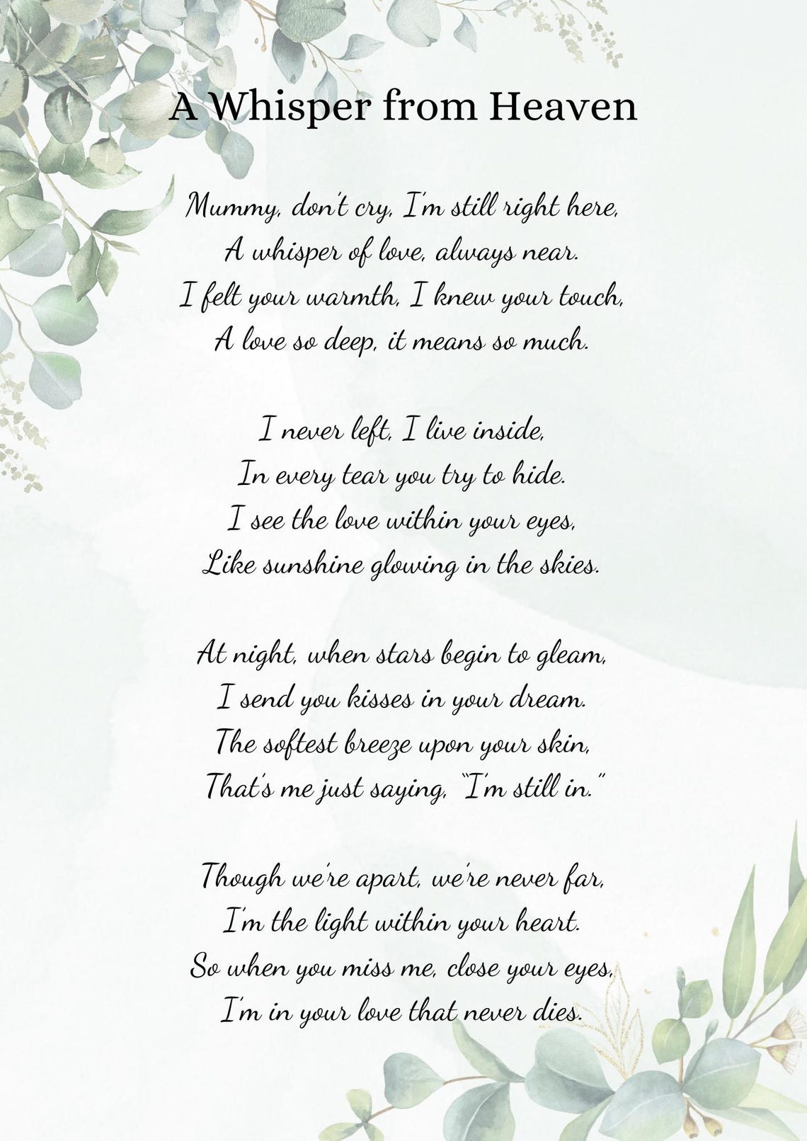 Baby Loss Poem Print, Angel Baby Memorial, Grief Gift, in Memory of ...
