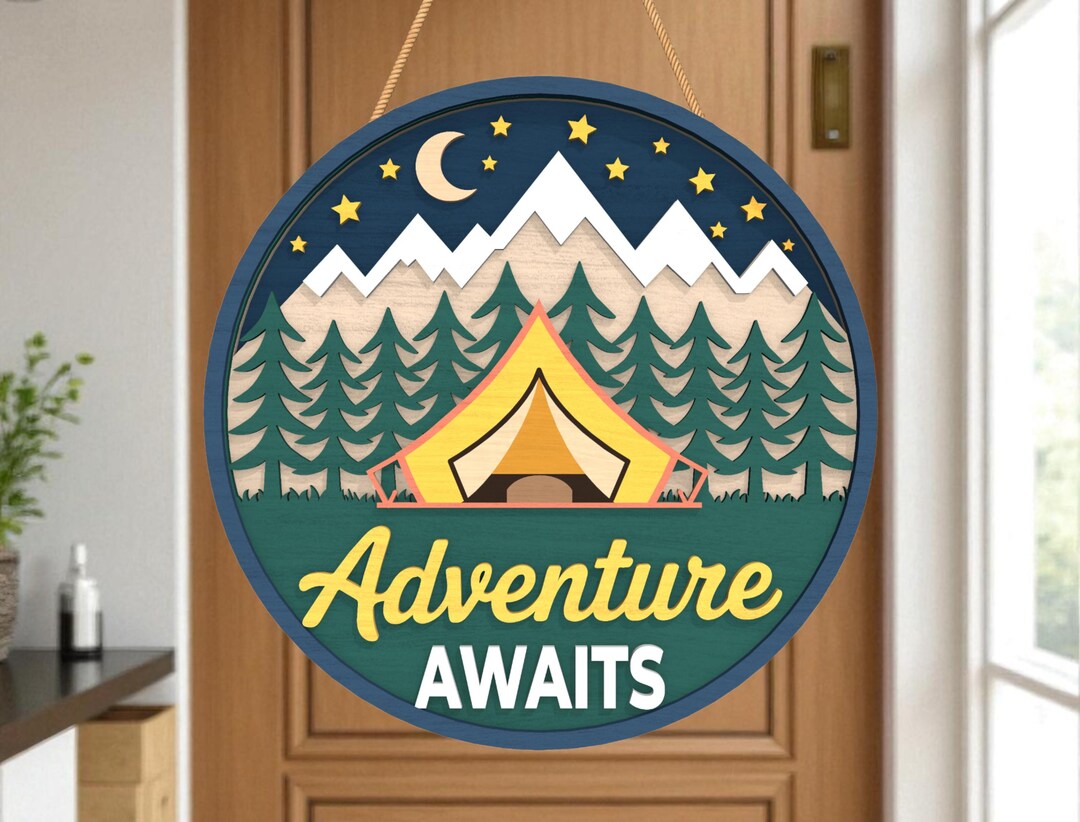 Adventure Awaits Camping Svg, Mountain Tent Door Hanger Svg, Outdoor ...