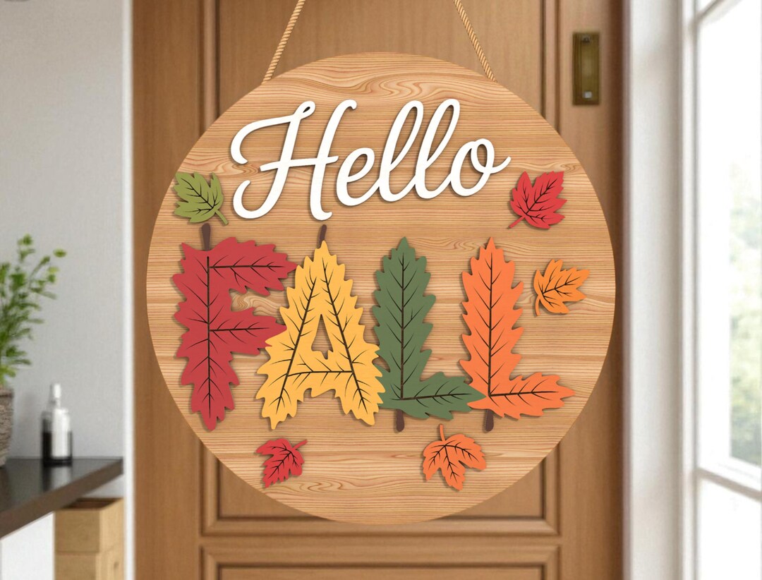 Hello Fall Leaf Sign SVG, Autumn Door Hanger Laser Cut File, Layered ...