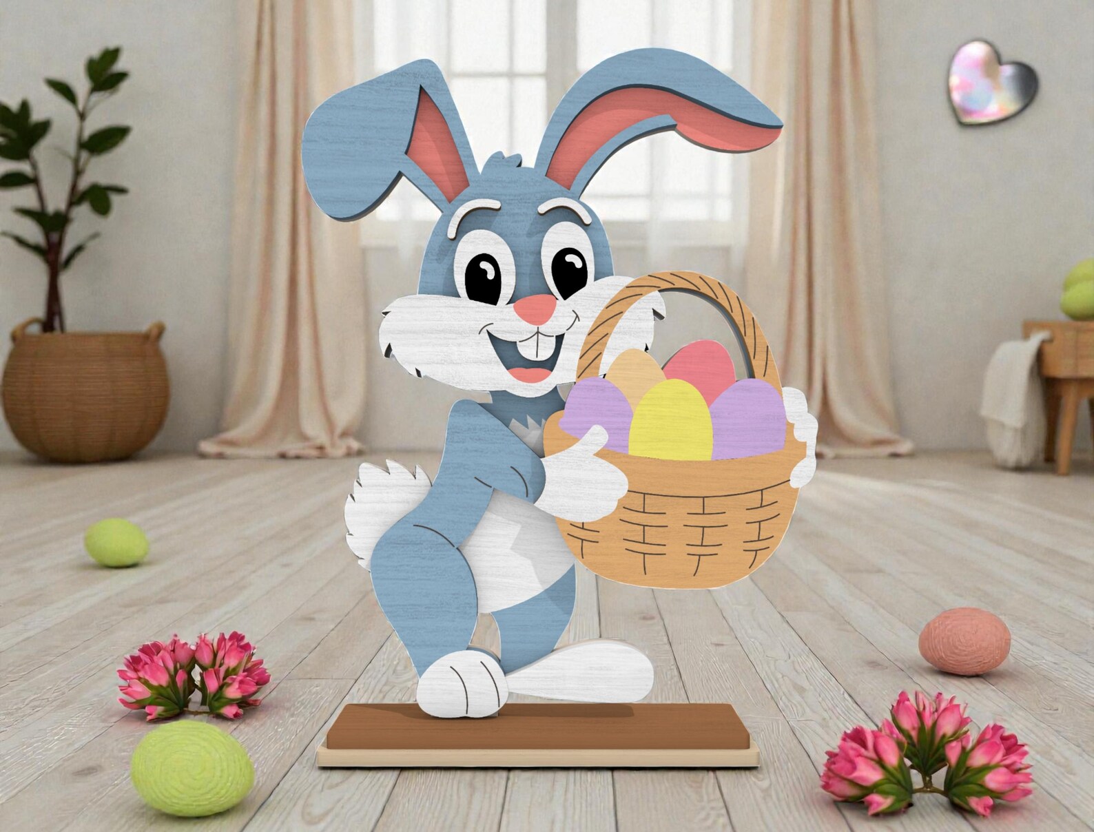 Blue Easter Bunny SVG, Rabbit Holding Egg Basket Standing Decor, Cute ...