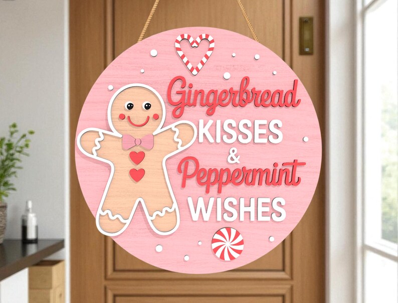 Gingerbread Christmas Sign SVG, Peppermint Wishes Round Sign, Holiday ...