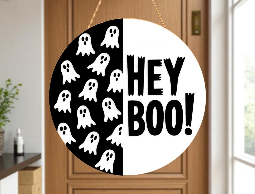 Halloween Door Hanger Laser Cut File Svg, Hey Boo Ghost Sign Svg, Cute ...