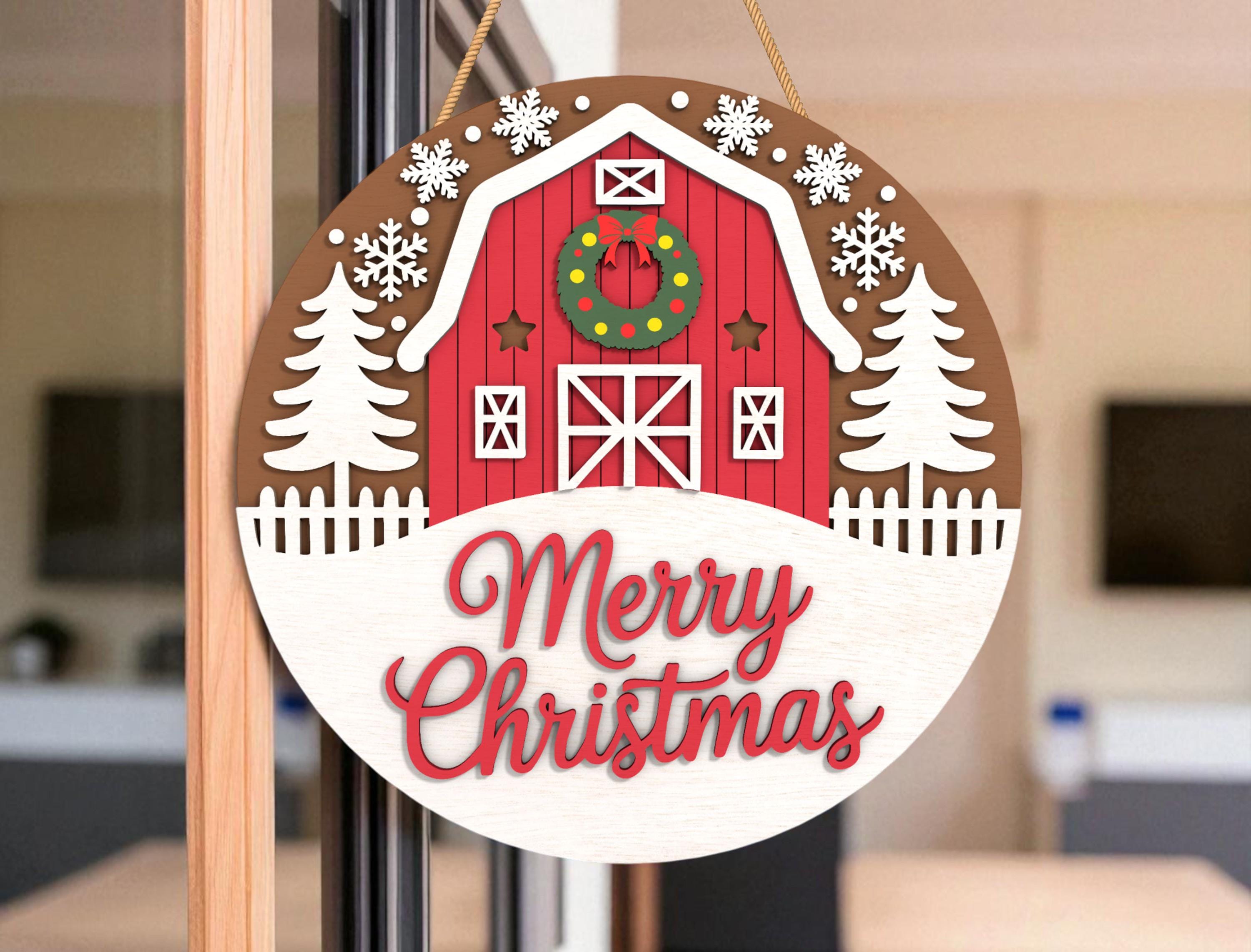 Merry Christmas Barn Sign SVG, Farmhouse Round Door Hanger, Holiday ...
