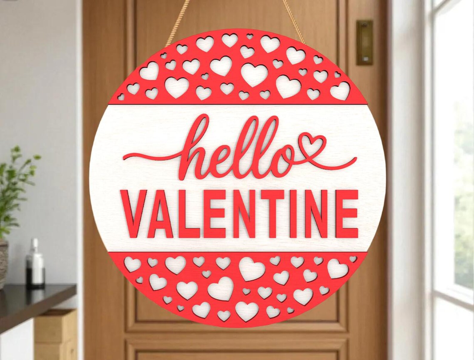 Hello Valentine Round Sign Svg, Layered Heart Door Hanger Svg, Romantic ...