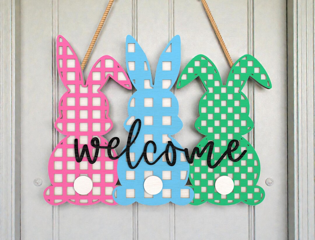 Plaid Easter Bunny Welcome Sign Svg,trio Rabbit Door Hanger Laser Cut ...