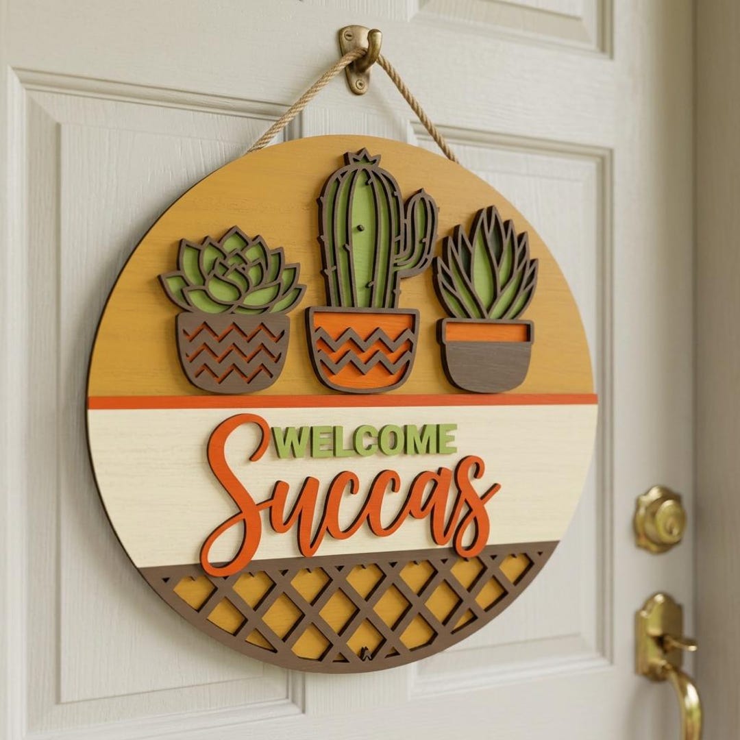 Welcome Succas Door Hanger SVG, Succulent and Cactus Round Wood Sign ...