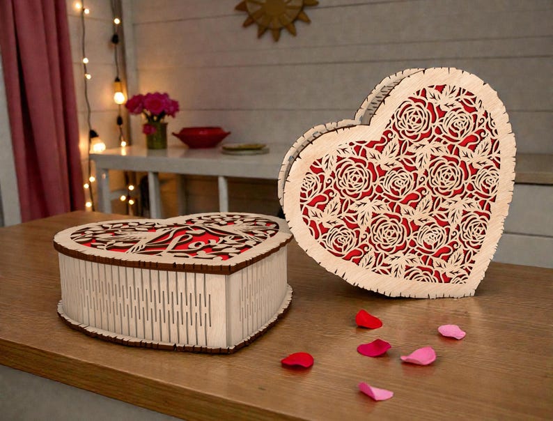 Heart Box SVG, Floral Rose Love Box Laser Cut File, 3D Layered ...