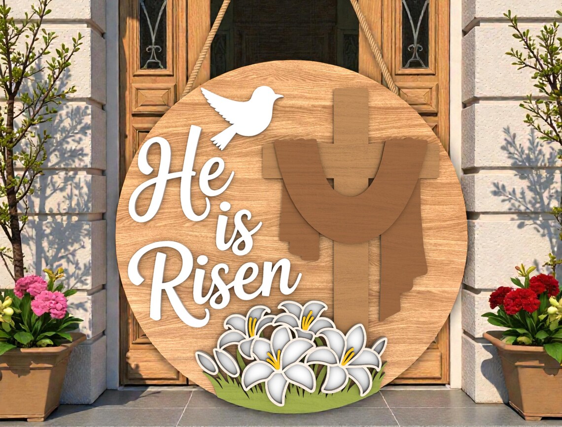 He is Risen SVG, Easter Cross Round Sign Laser Cut File, Dove & Lilies ...