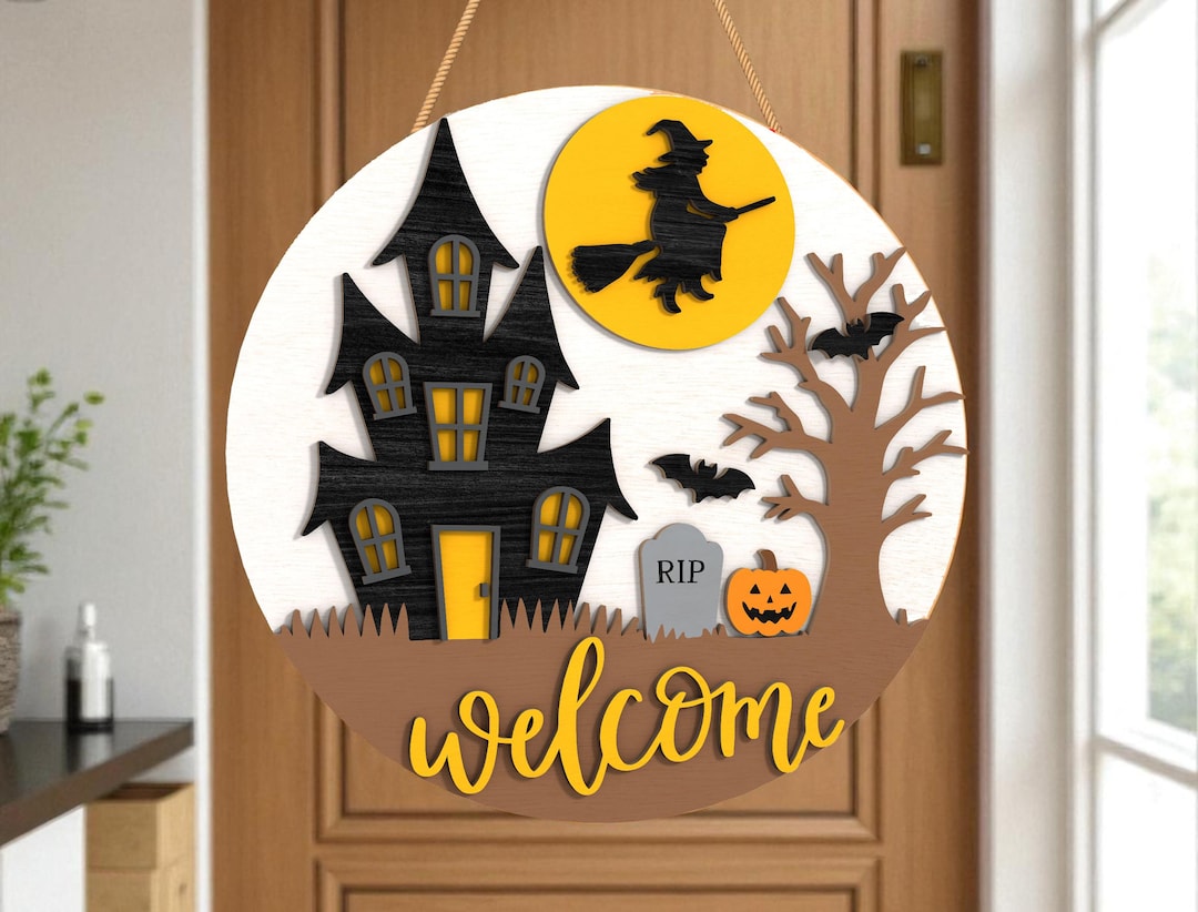 Halloween Welcome Door Sign SVG, Layered Haunted House Laser Cut File ...