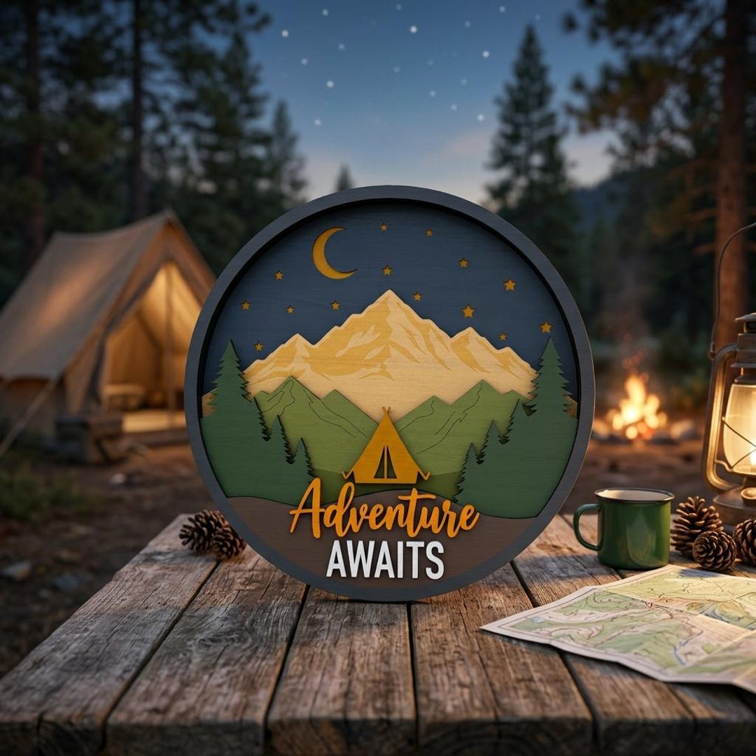 Adventure Awaits SVG, 3D Layered Mountain Camping Sign, Night Sky Stars ...