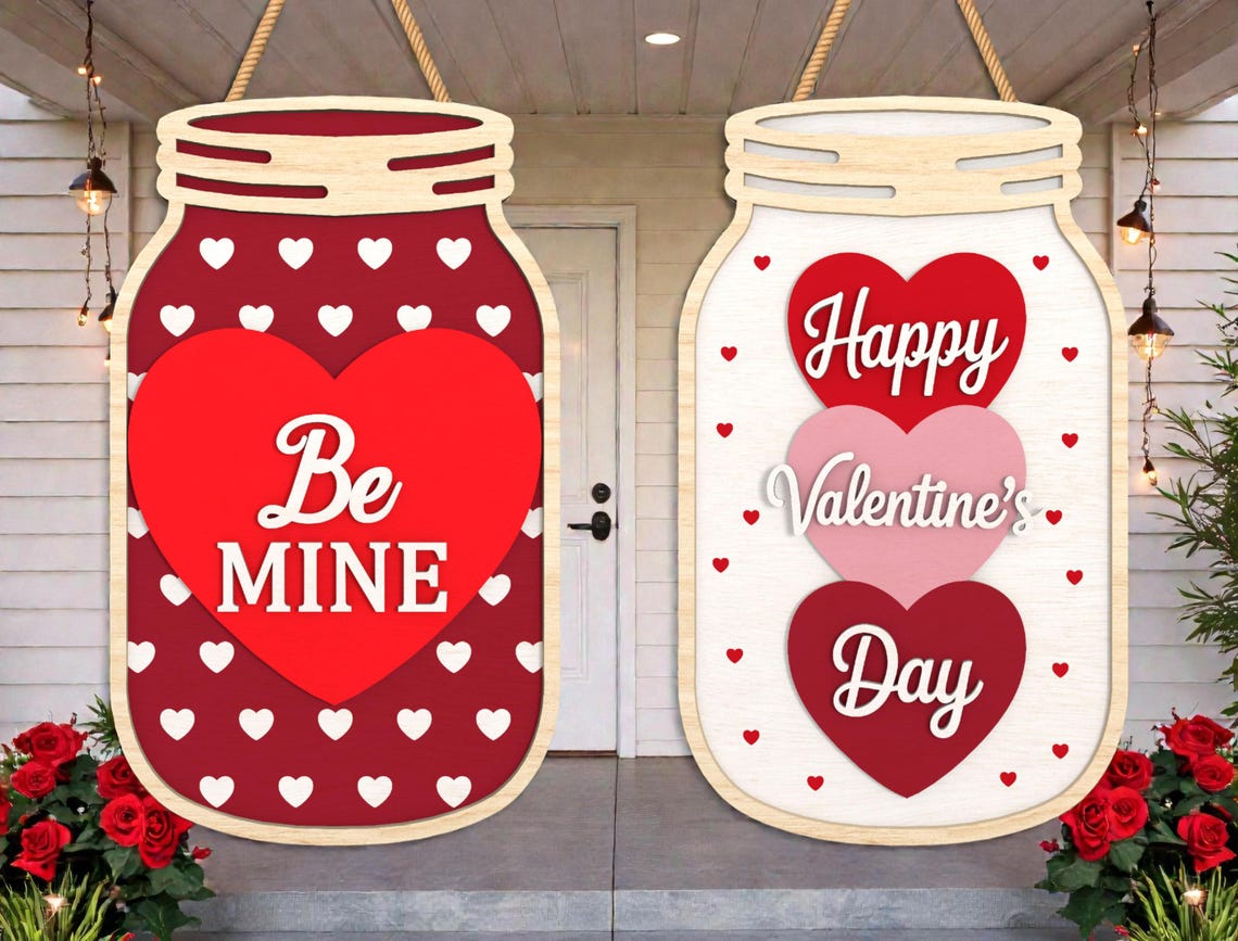 Valentine Mason Jar Door Hanger Svg, Be Mine Heart Sign Svg, Happy ...