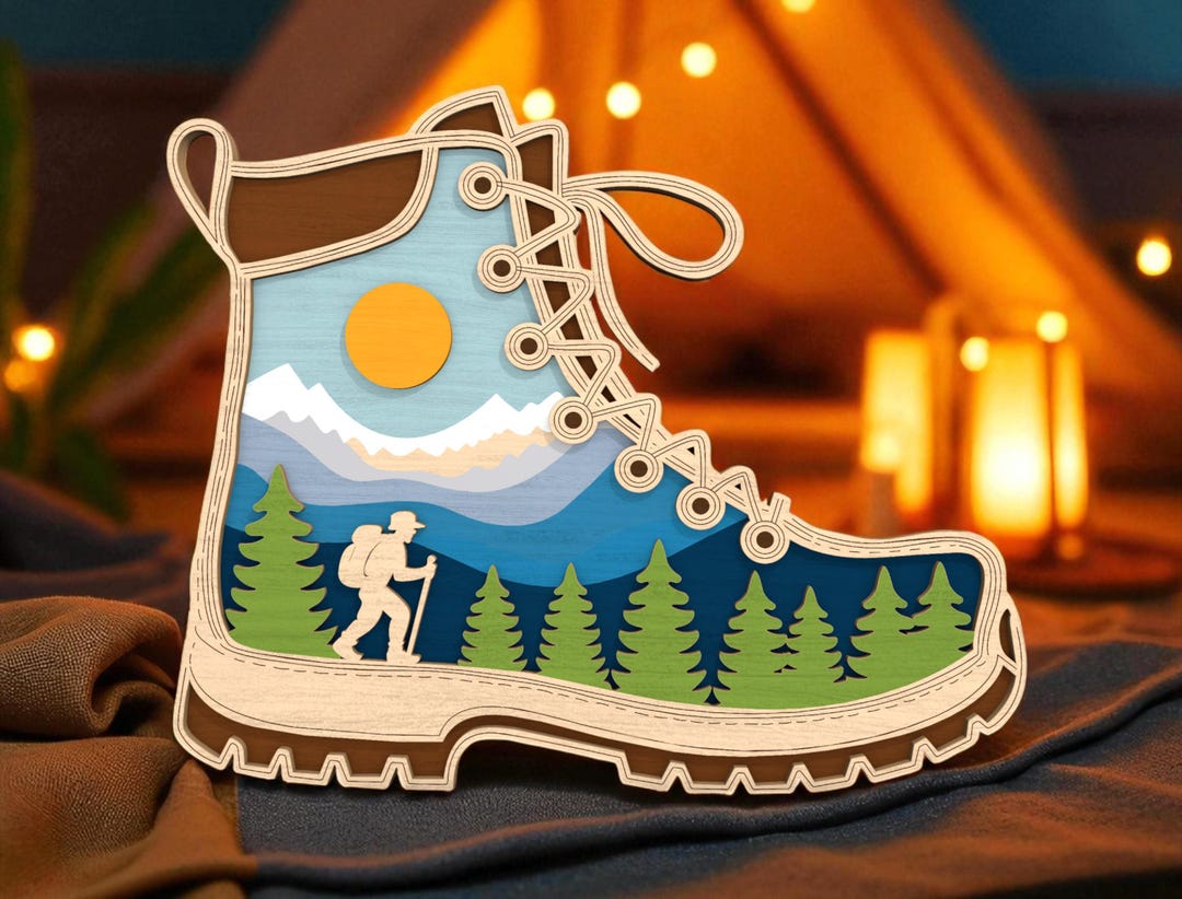 Hiking Boot SVG, 3D Layered Hiking Scene Laser Cut File, Mountain ...