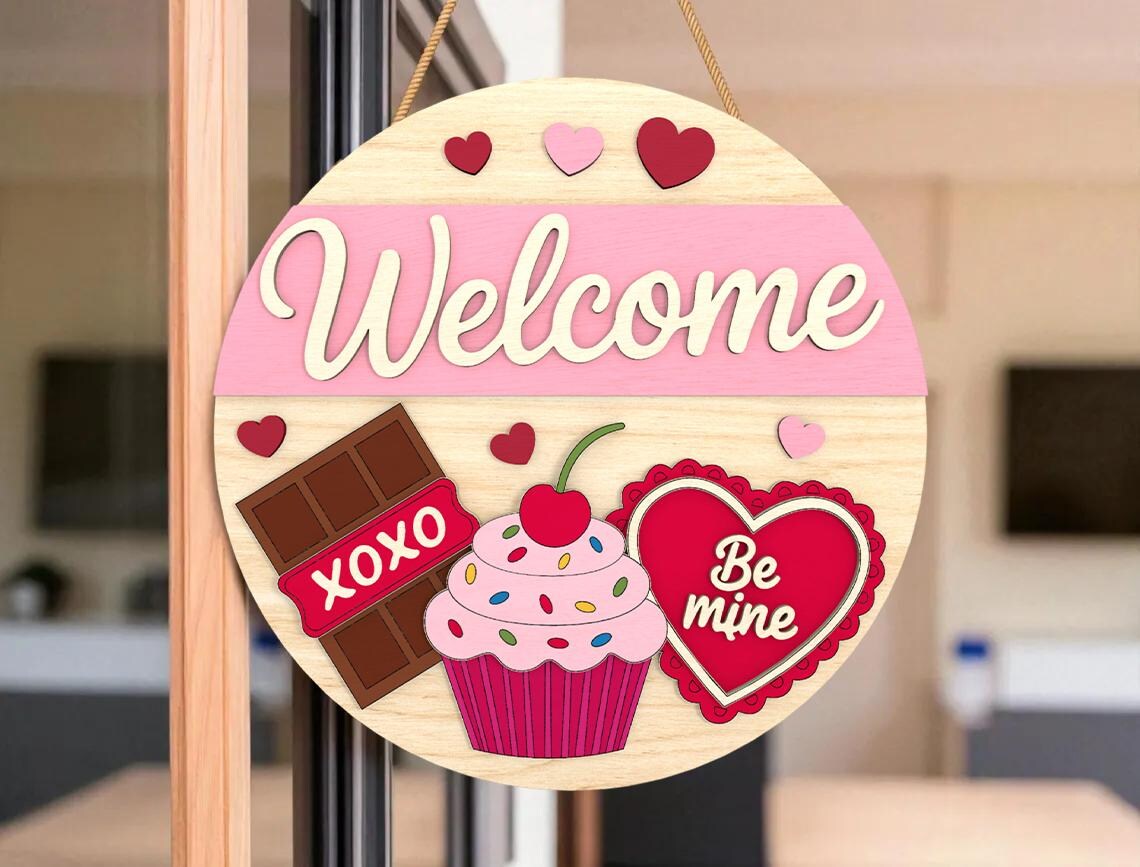 Valentine Welcome Sign Cut File Svg, Layered Valentine Door Hanger Svg ...