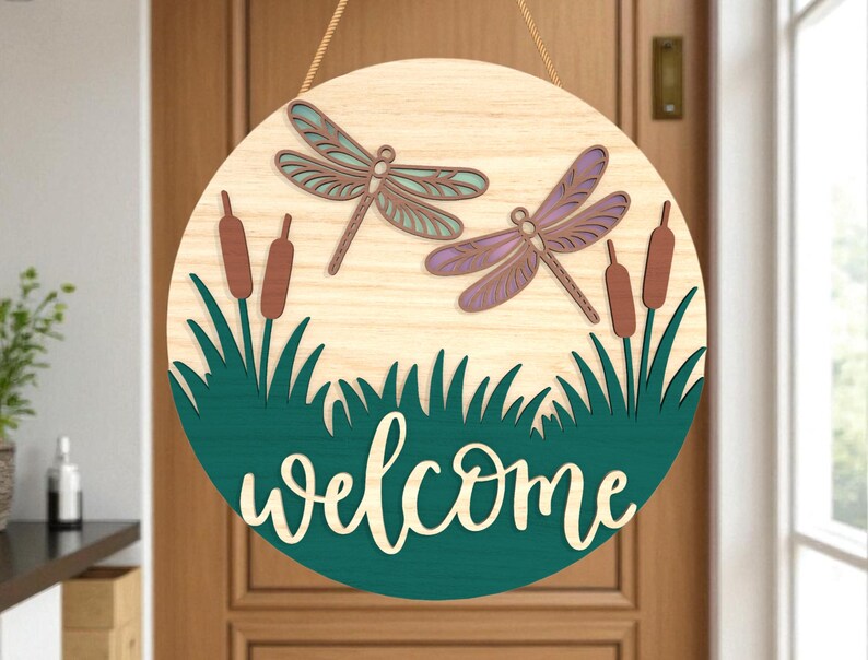 Dragonfly Welcome Sign SVG, Farmhouse Door Hanger Round Sign, Front ...