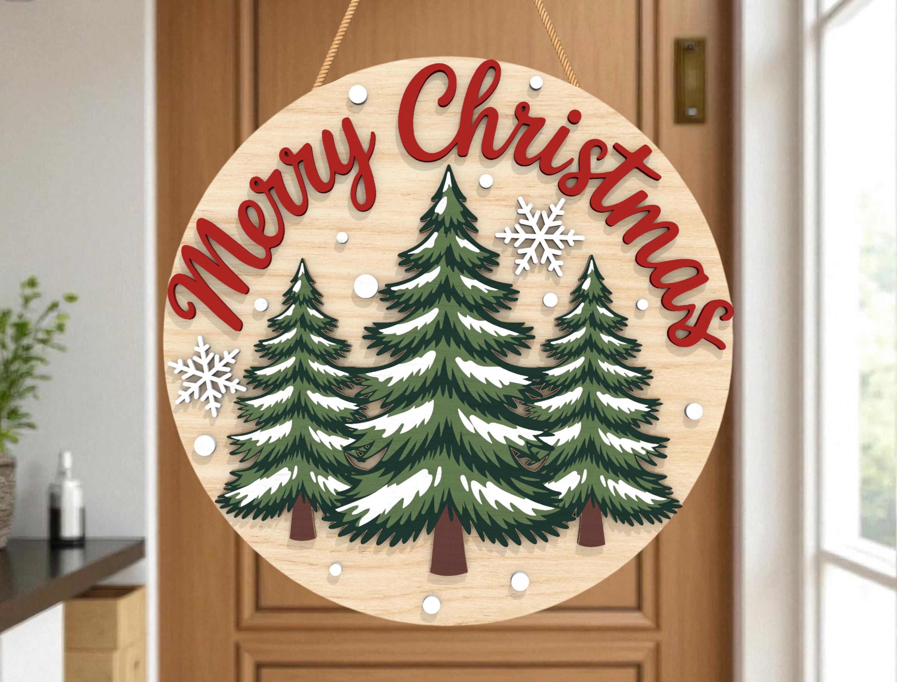 Merry Christmas Sign SVG, Layered Pine Tree Door Hanger, Winter Holiday ...