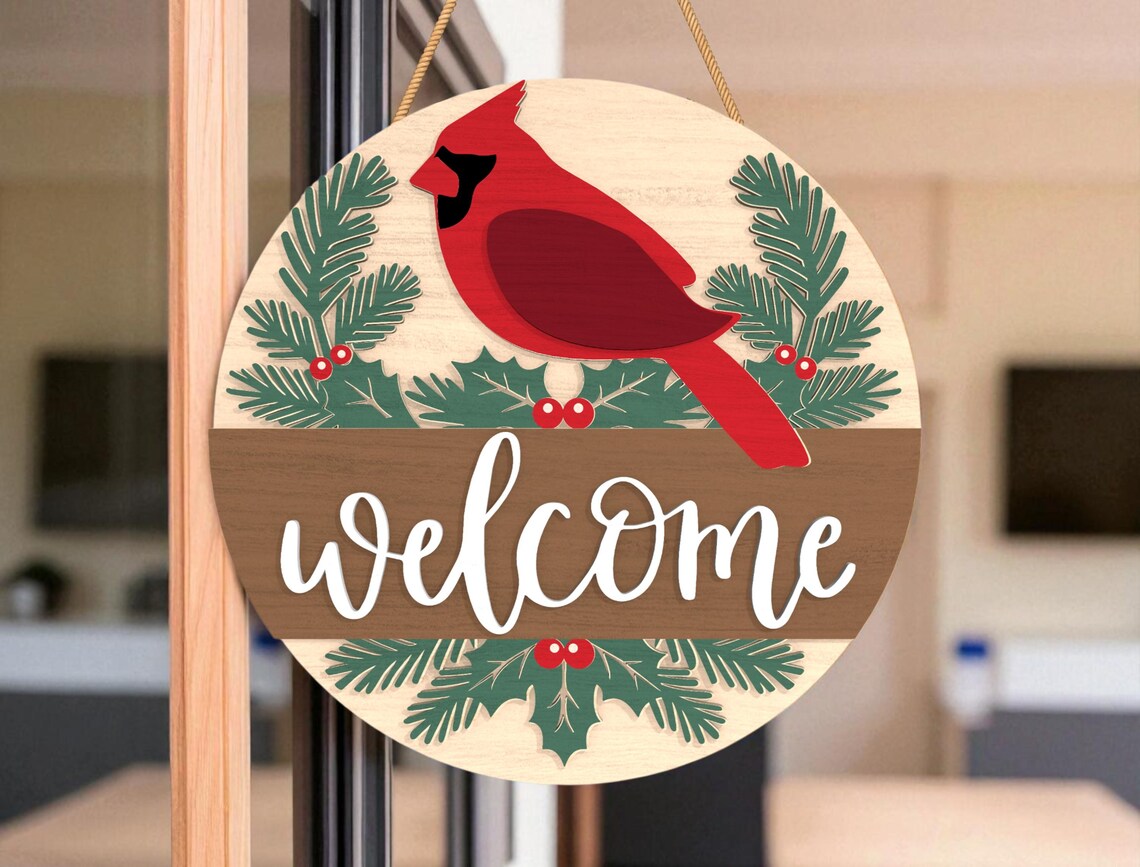 Cardinal Welcome Sign SVG , Layered Round Door Hanger Laser Cut File ...