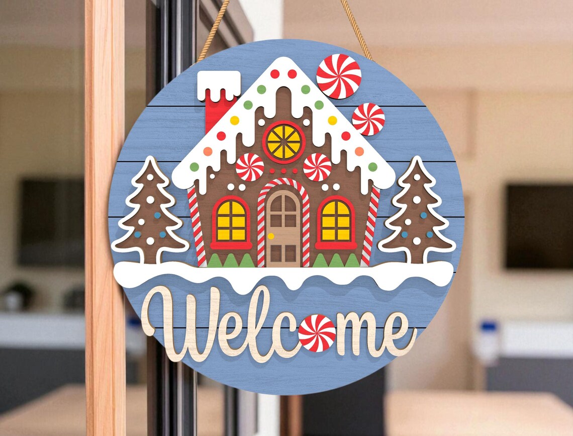 Christmas Welcome Sign SVG, Gingerbread House Door Hanger Laser Cut ...