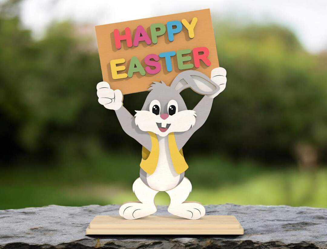Happy Easter Sign SVG, Cute Bunny Holding Text Plaque, Spring Tabletop ...