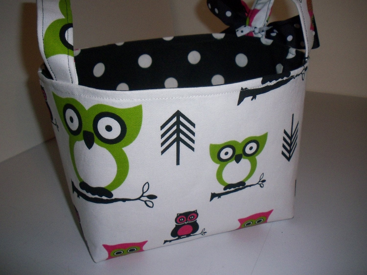 Pink Black Lime Green Owls Polka Dot Fabric Organizer Bin / Basket ...