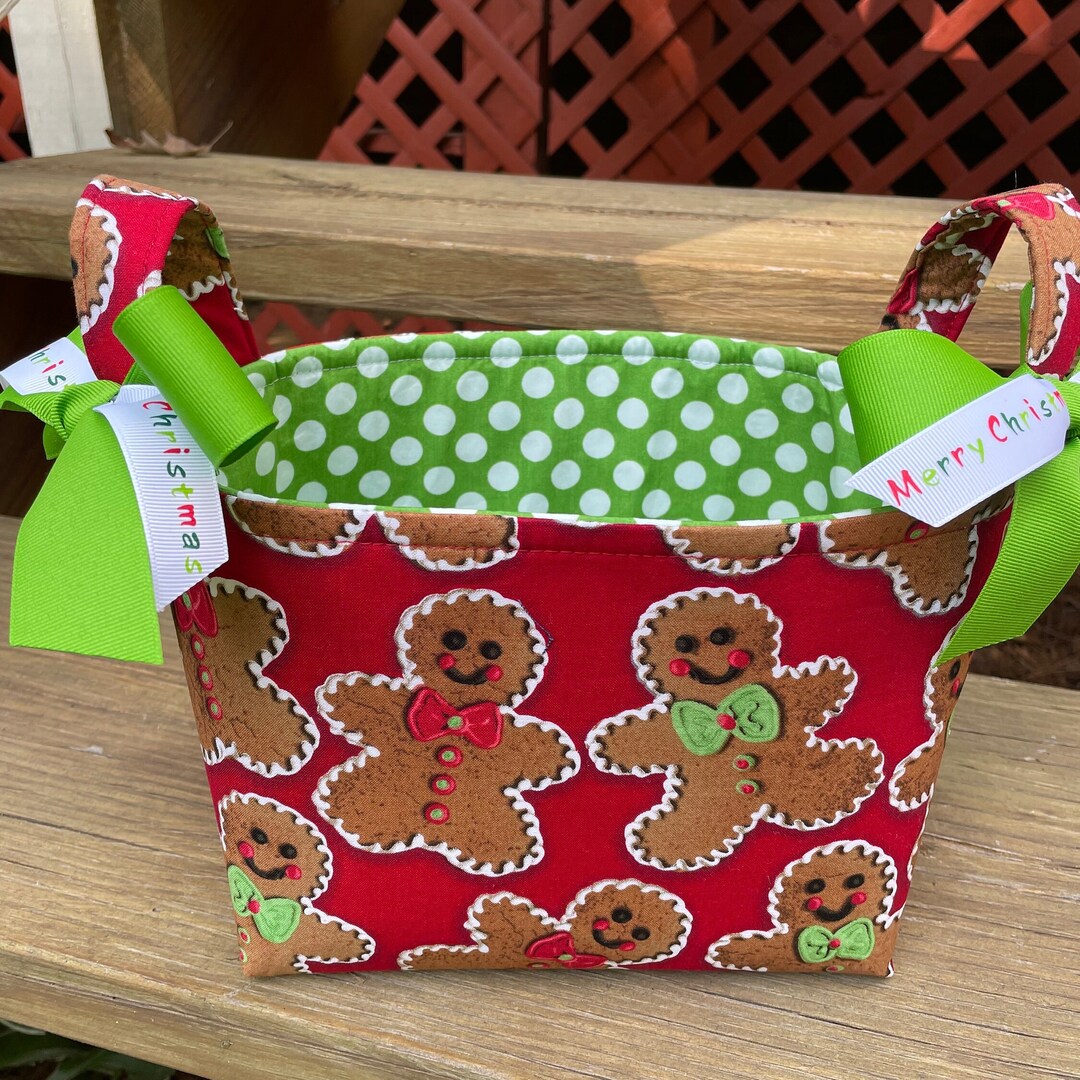 Gingerbread Man Christmas Cookie Candy Polka Dot Fabric Gift Basket ...