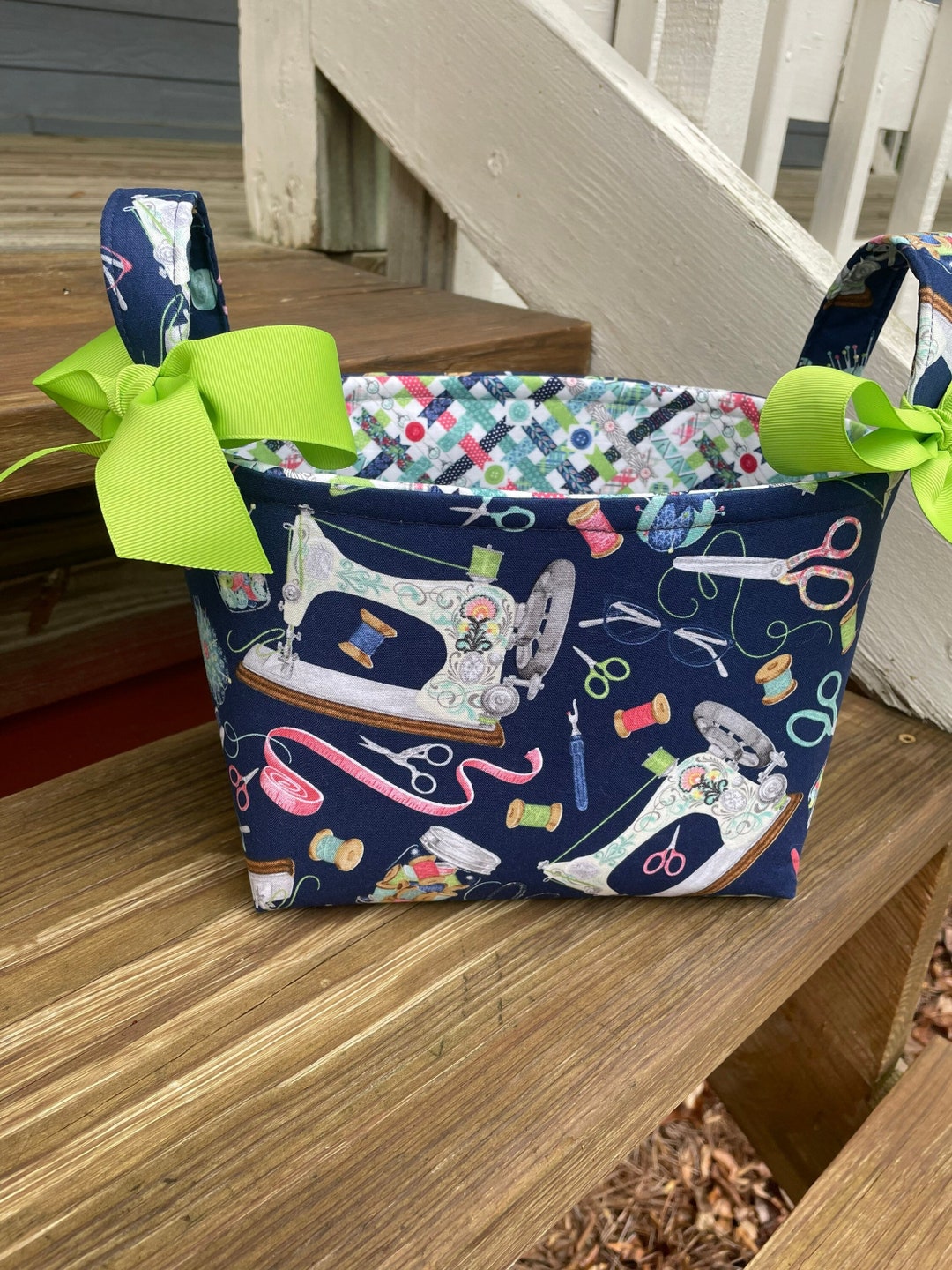 Navy Sewing Machine Sewing Notions Quilting Fabric Basket Organizer Bin ...
