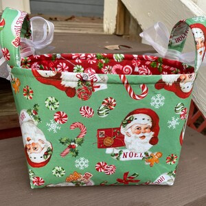 Vintage Santa Peppermint Christmas Fabric Basket / Gift Bag / Table ...