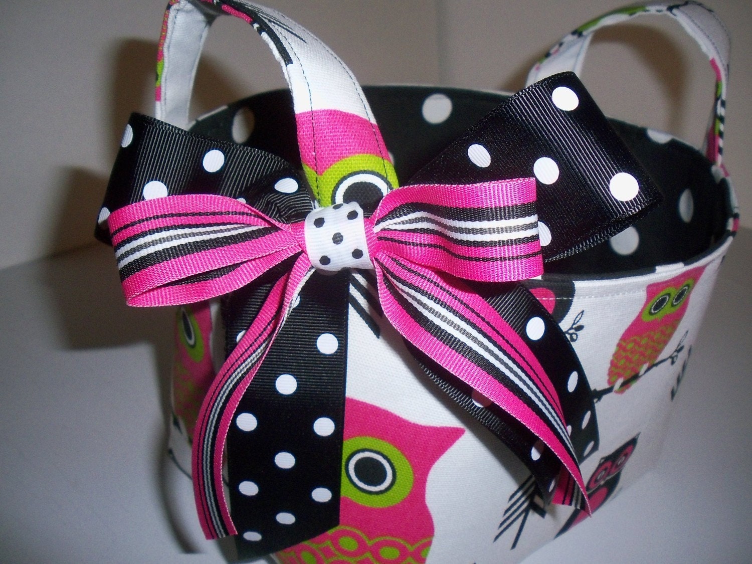 Pink Black Lime Green Owls Polka Dot Fabric Organizer Bin / | Etsy