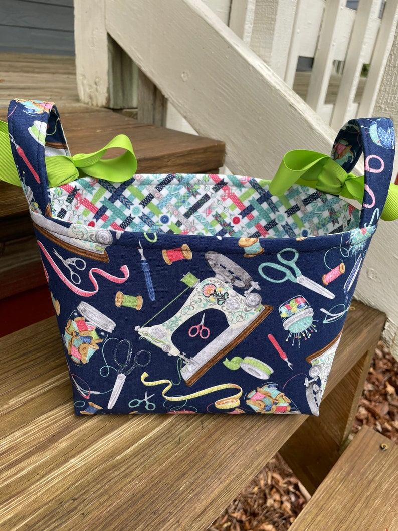 Navy Sewing Machine Sewing Notions Quilting Fabric Basket Organizer Bin ...