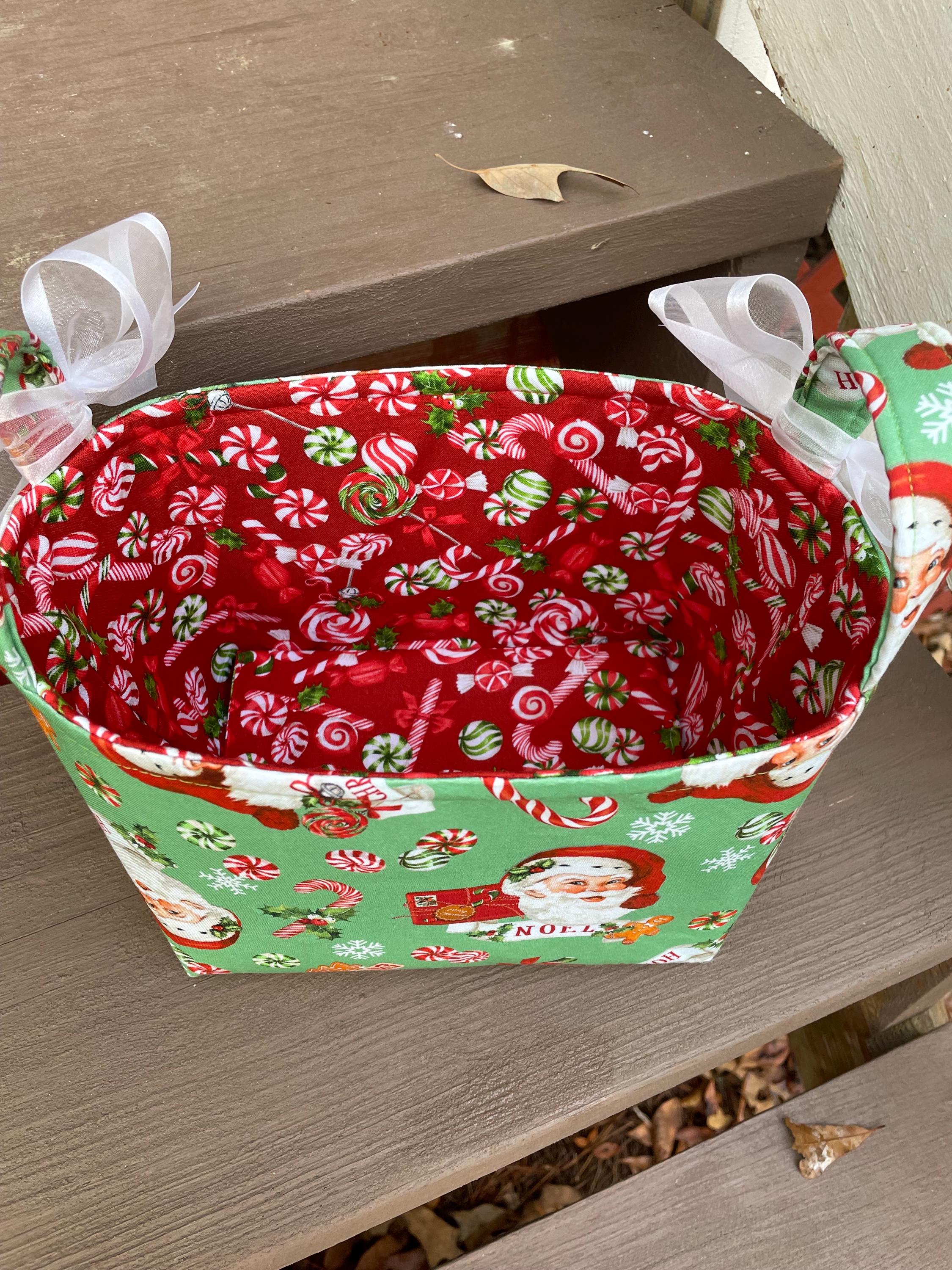 Vintage Santa Peppermint Christmas Fabric Basket / Gift Bag / Table ...