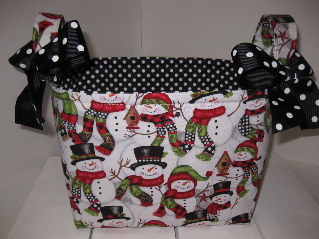 Christmas Snowman Fabric Gift Basket / Organizer Bin - Black White Dots ...