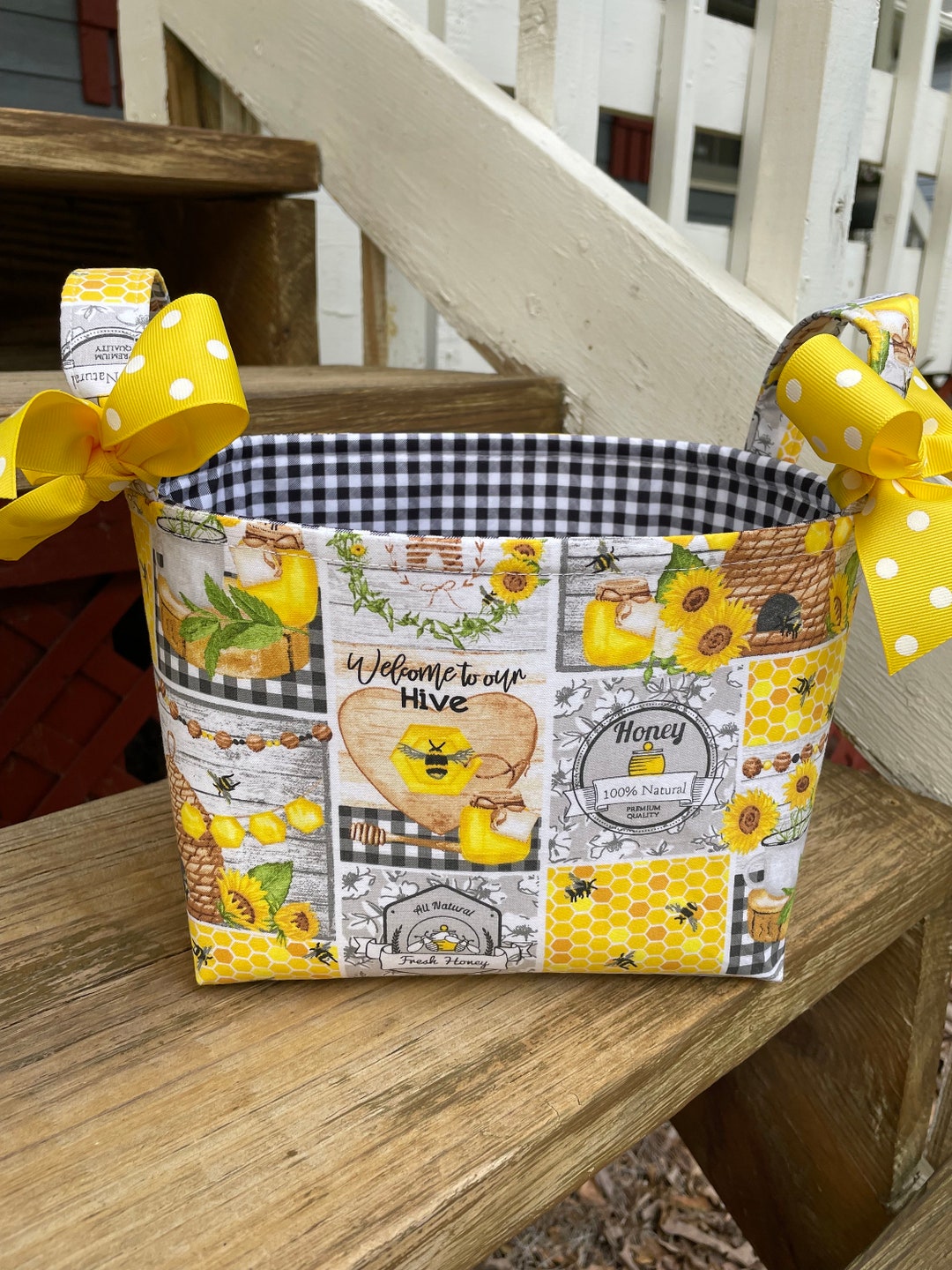 Ready to Ship! Bumble Bee, Bee Hive Bag, Gingham Organizer Tote, Bucket ...
