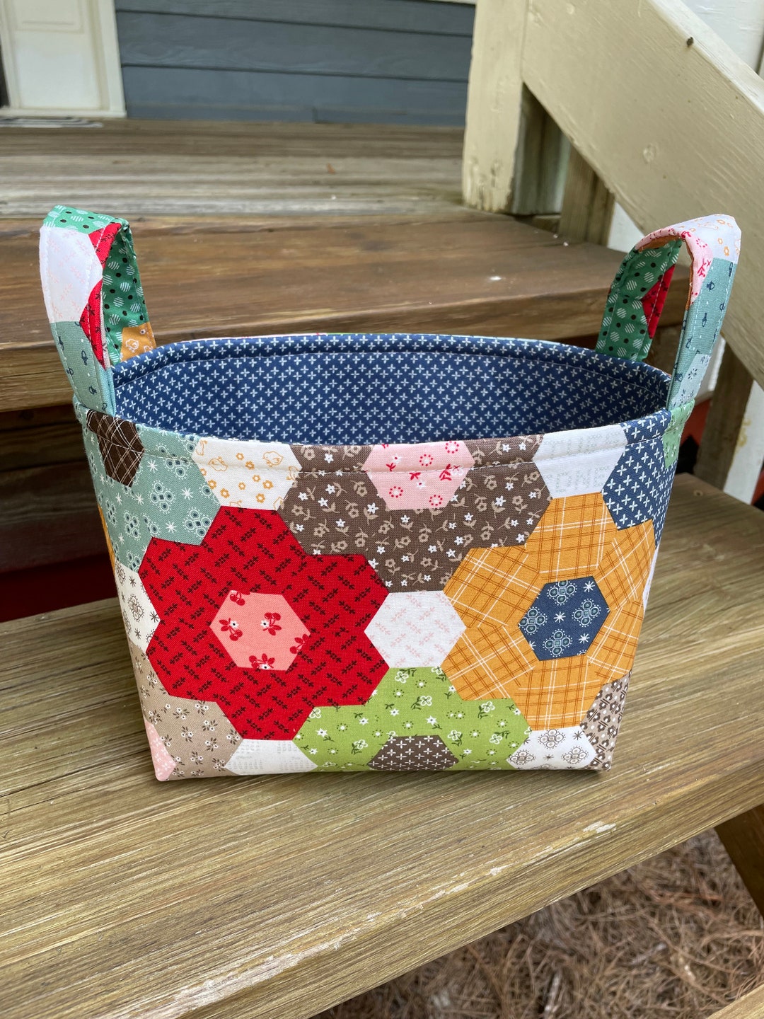 Patchwork Cheater Quilt Quilting Fabric Basket Organizer Bin Sewing ...
