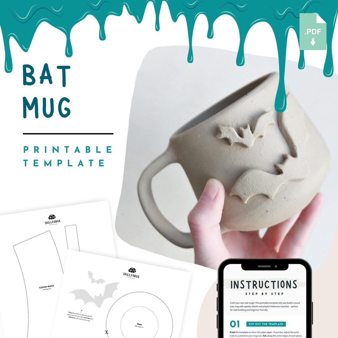 Bat Mug Pottery Template – Printable Ceramic Cup Halloween Pattern PDF ...