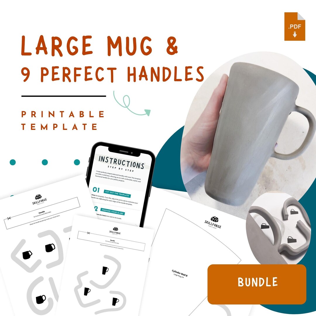 Large Mug Plus 9 Handles Templates – Printable Clay Mug Guide – Pottery ...