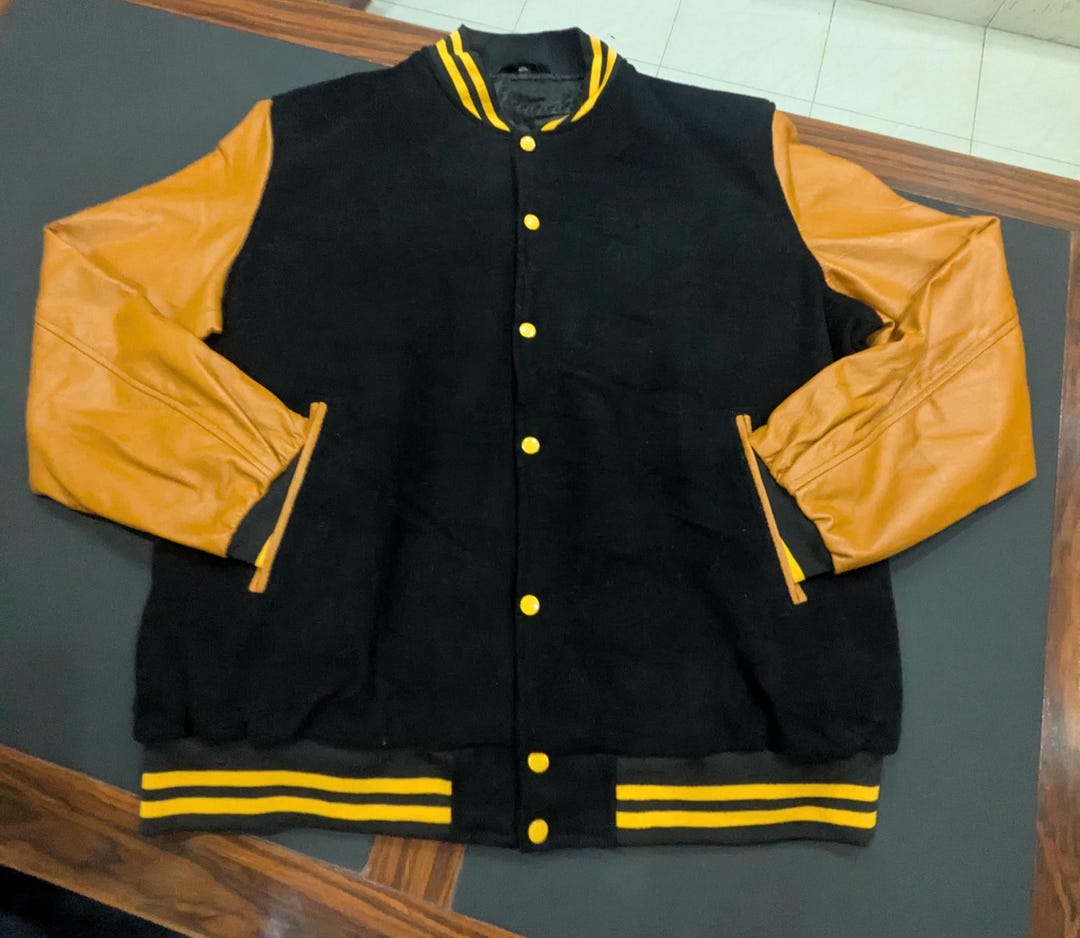 Black and Gold Varsity Jacket Men's Wool Body and Leather Sleeves ...
