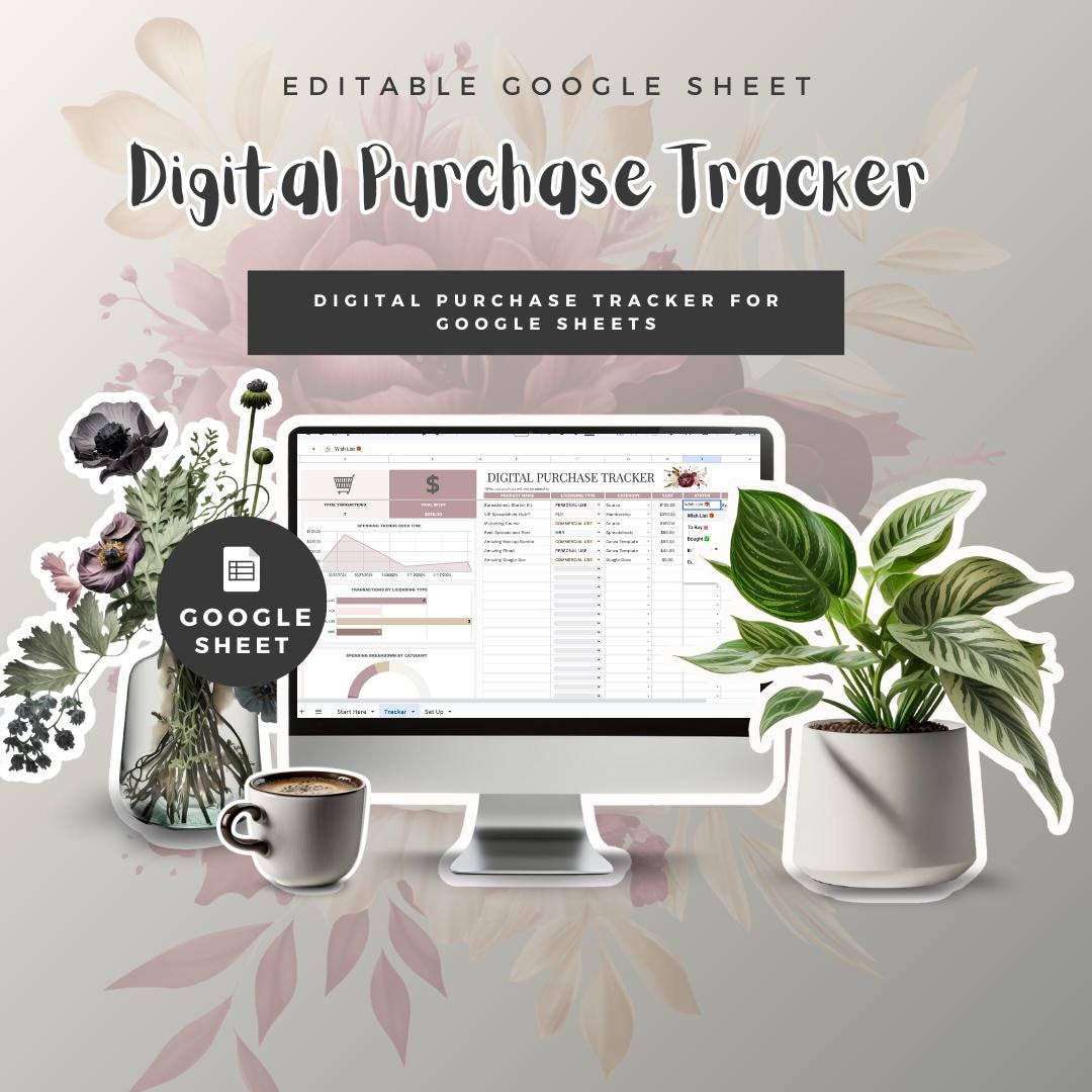 Digital Purchase Tracker Google Sheet, Instant Download Spreadsheet ...