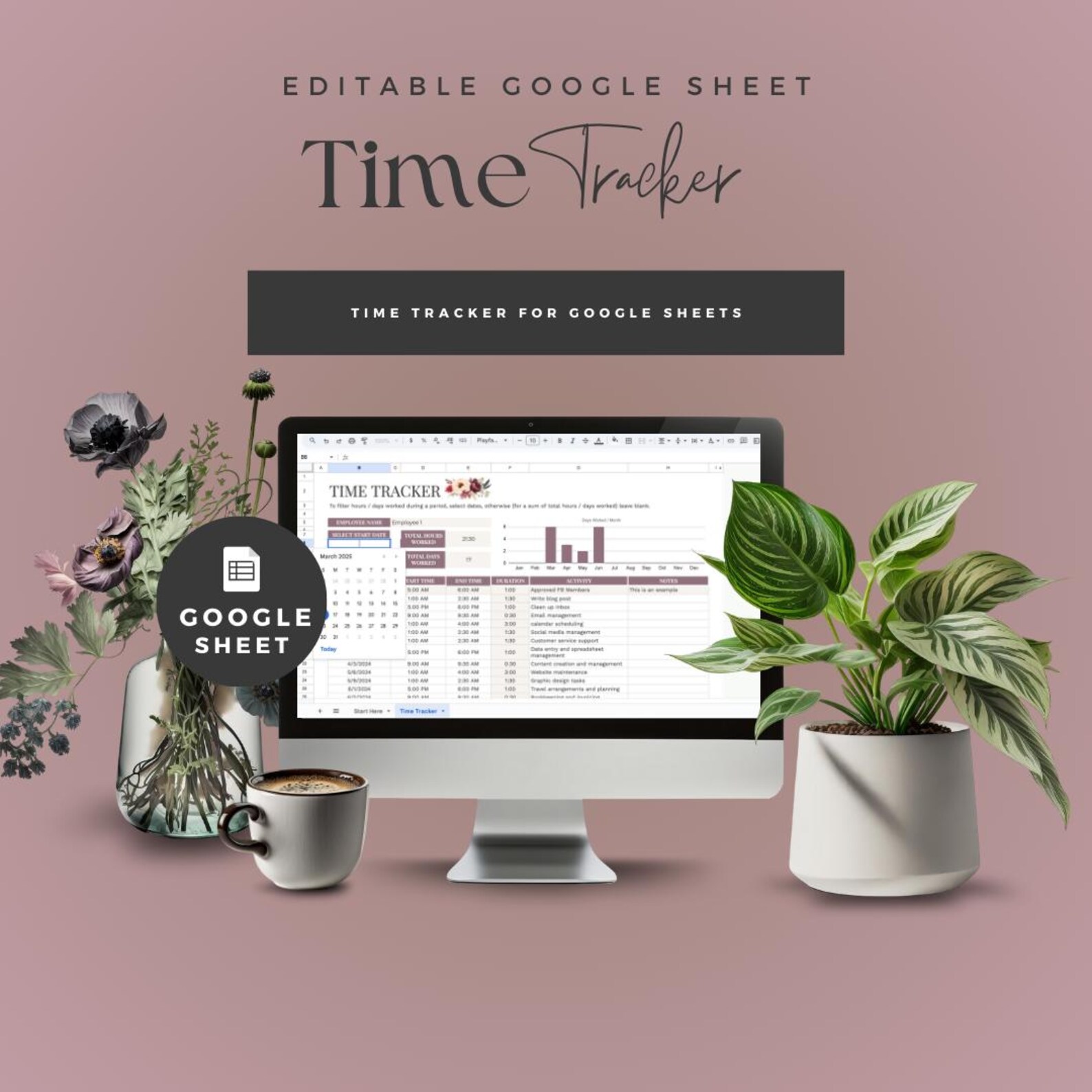 Time Tracker Google Sheets Template, Employee Time Management, Task ...