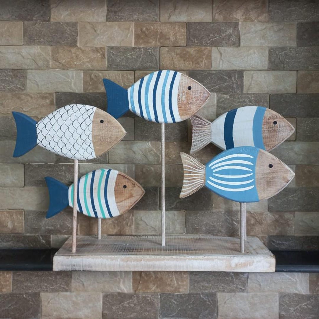 Rustic Wooden Fish Table Decor - Ocean Theme Stick Art - Unique ...