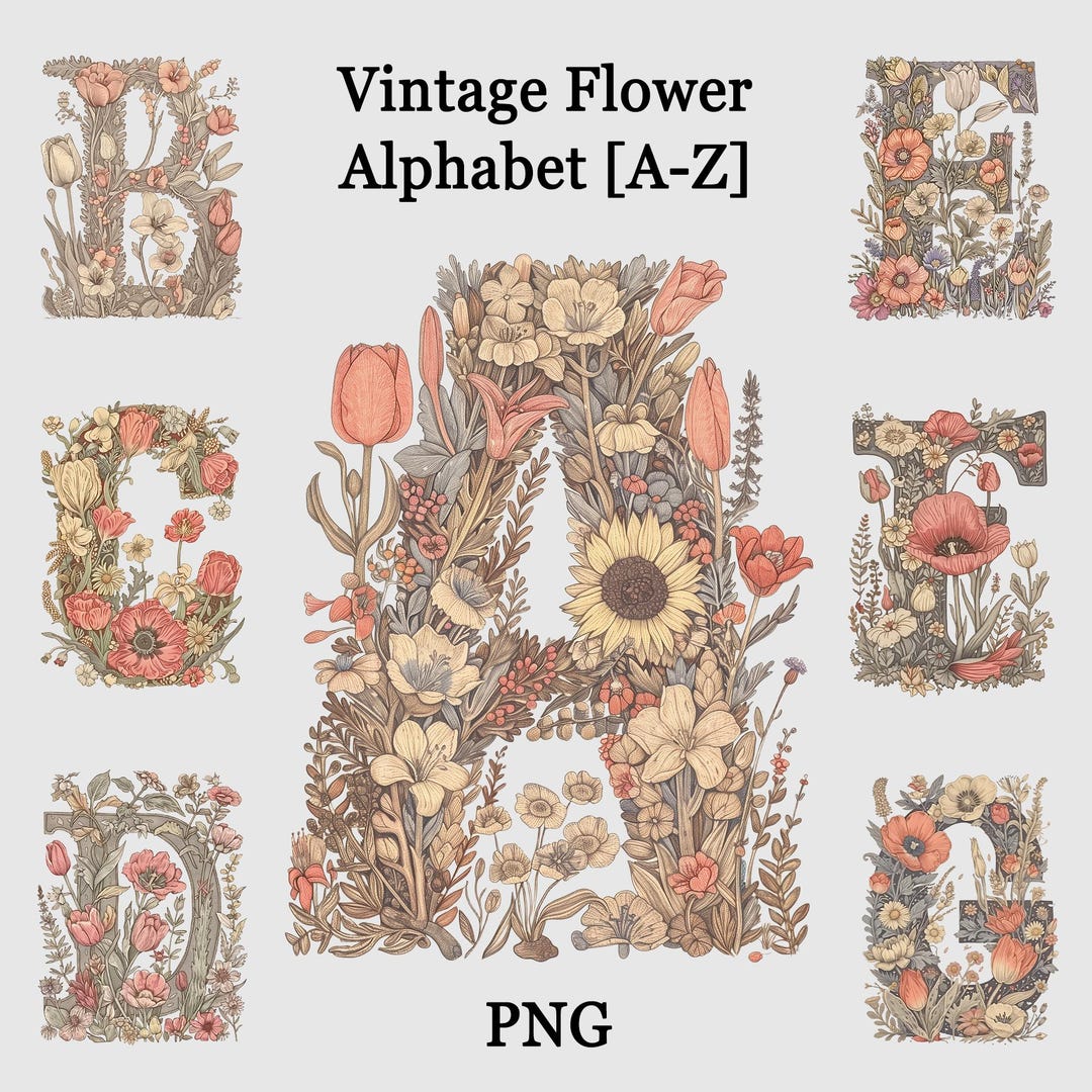 Vintage Floral Letter Clipart, Botanical Alphabet PNG (digital Print ...