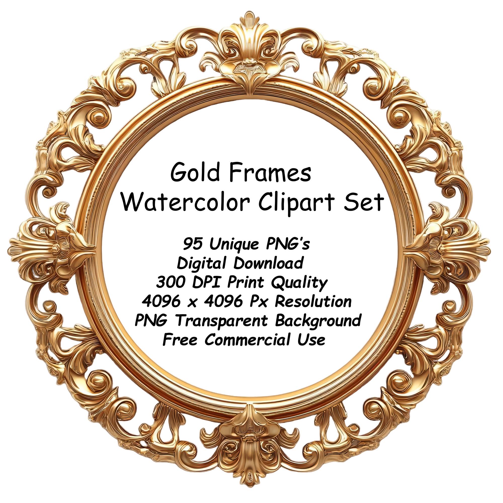 95 Watercolor Gold Frame Clipart PNG Transparent Background, Antique ...
