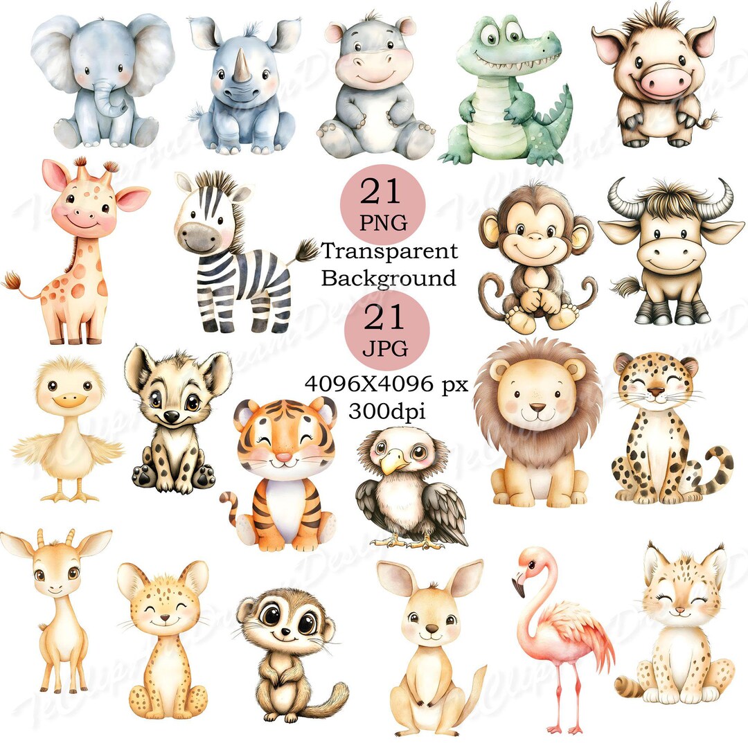 21 Safari Baby Animals Watercolor Clipart, Cute Jungle Animals Clipart ...