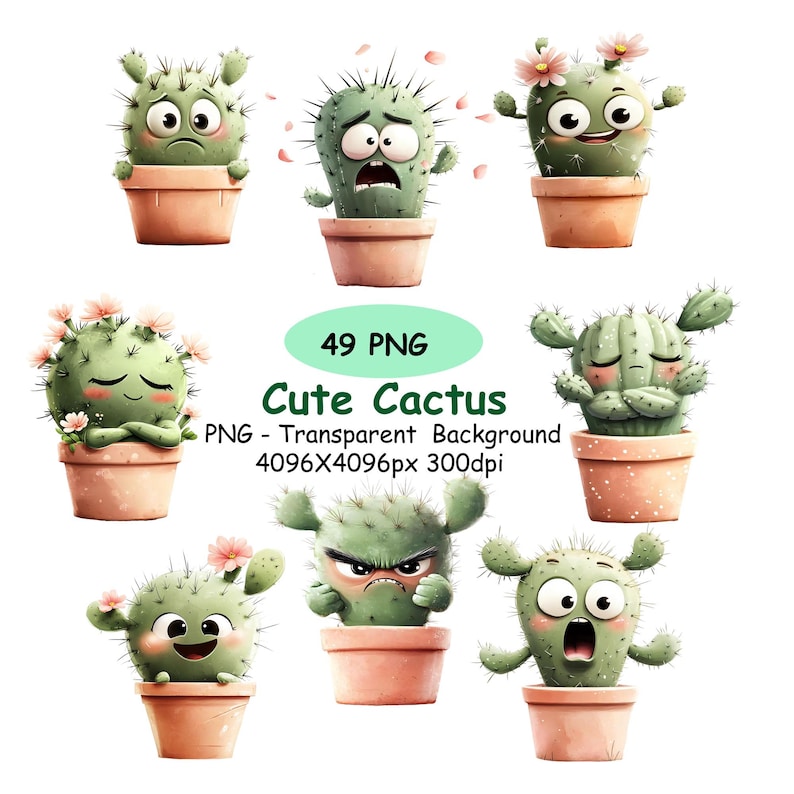 49 Cute Cactus Clipart Bundle, Watercolor Cacti PNG, Funny Grumpy ...