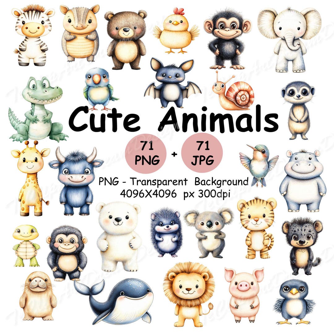 71 Cute Animals Clipart, Watercolor Cute Animals Clipart 71 Cute ...