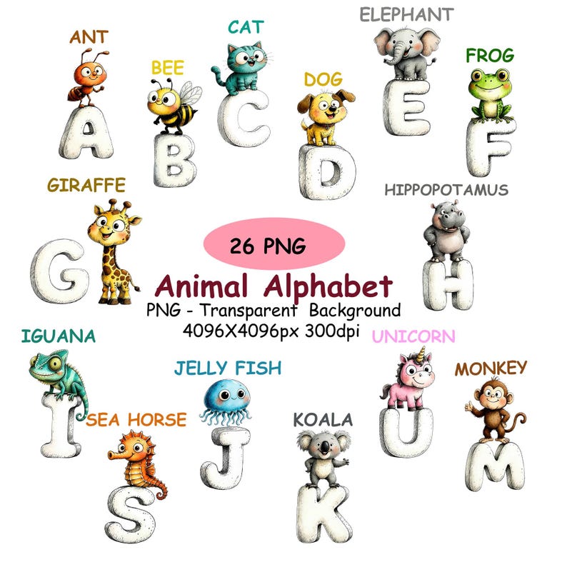 Animal Alphabet Clipart, Watercolor Animals Letters, A-Z Clip Art ...
