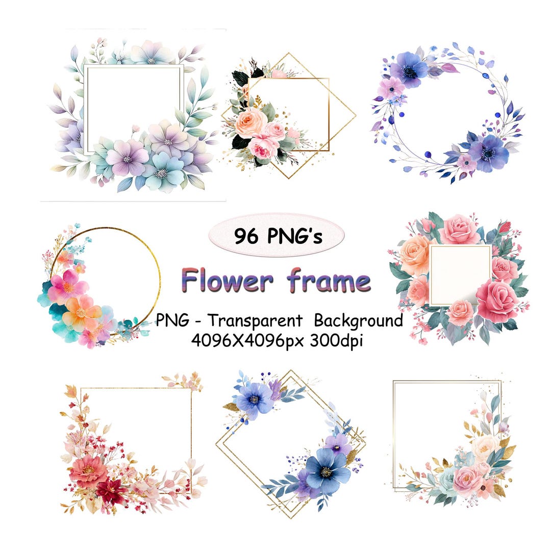 96 Watercolor Flower Frames Clipart, Round and Square Floral Frame ...